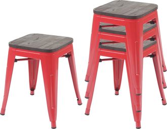 Mendler 4er-Set Hocker HWC-A73 inkl. Holz-Sitzfl&auml;che, Metallhocker Sitzhocker, Metall Industriedesign stapelbar - rot