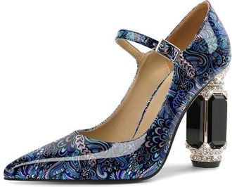 EDEFS Escarpins Femme Prêts pour lÉvénement Mary Jane en Cuir Verni Talon Haut Bloc 9 cm Accents de Strass Cristal Étincelant Bout Pointu pour Mariages Gala