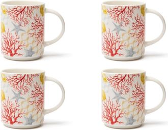 Excelsa Coral Set aus 4 Tassen aus New Bone China, maritimes Dekor mit Koralle und Seesternen