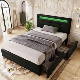 Generic LED-Einzelbett mit h&ouml;henverstellbarem Kopfteil, 90x200 cm Polsterbettgestell in Grau mit 2 Schubladen und Holzlattenrost (Black)