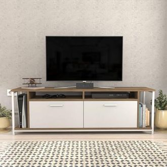 Hanah Home Stylish TV Stand, White & Walnut, 160 cm x 35 cm x 50.8 cm | 100% Melamine Coated Particle Board, 18 mm Thick | Modern Design for Living Room