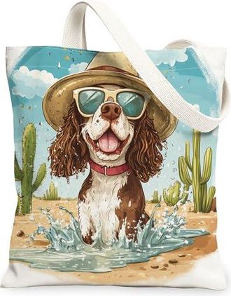 Generic Joli sac fourre-tout en toile motif &eacute;pagneul springer pour faire du shopping, 33 x 38,1 cm, sac r&eacute;utilisable en tissu &agrave; bandouli&egrave;re pour femme, peintu