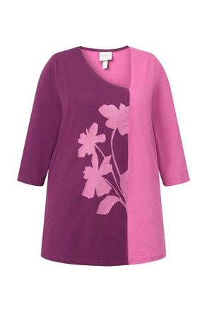 Ulla Popken T-Shirt Shirt Bl&uuml;ten V-Ausschnitt 3/4-Arm Biobaumwolle