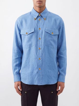 Versace Chemise en lin avec col fran&ccedil;ais et poches plaqu&eacute;es