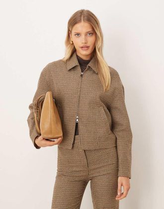 Mango Gina - Veste densemble &agrave; carreaux zipp&eacute;e en laine m&eacute;lang&eacute;e - Marron-Brown