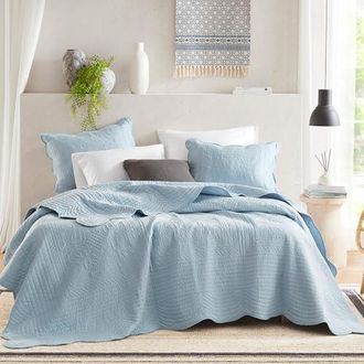 Madison Park Steppdecken-Set, Damast-Medaillon-Quilting mit gewelltem Rand, Cottage-Decke f&uuml;r Queen-Size-Bett, alle Jahreszeiten, leichte Baumwolldecke, Tagesdecke