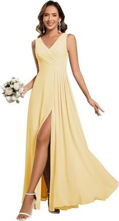 Ever-pretty Robe de Demoiselle dHonneur sans Manches Col en V Fente Latérale Robes de Soirée Femme Longue Jaune M