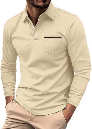 Generic Polo &agrave; manches longues pour homme - Mat&eacute;riau en coton d&eacute;contract&eacute; avec poche sur la poitrine, d&eacute;tail de col &agrave; boutons classique, coupe confortable ada
