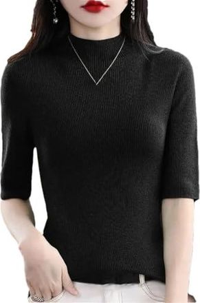 Generic Pull dété à manches courtes pour femme - Col roulé - Coupe ajustée, noir, Taille M
