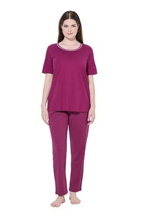 Ulla Popken Femme Grandes Tailles Pyjama Deux pi&egrave;ces, Pantalons &agrave; Pois & T-Shirt Manches Courtes Fuchsia Rose 54+ 821244824-54+