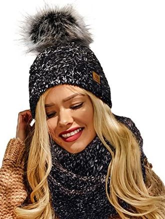 4sold Femmes Dames Bonnet Pom Pom Chaud Hiver Naturel La Iaine Alpaga Doublure Micropolaire - Set Black