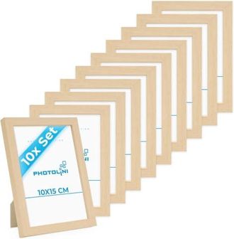 Photolini Cadre 10 x 15 bois MDF naturel, lot de 10 cadres photo pour posters et affiches, verre acrylique incassable, d&eacute;coration murale &agrave; suspendre & &agrave; poser, 