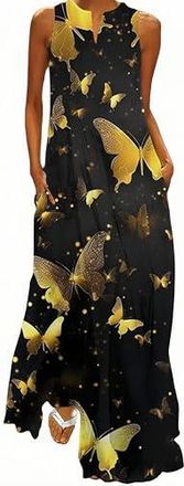 Ocean Plus Femmes Jupe Longue sans Manches Col V Robe Florale Imprimée Maxi Robe sans Manches avec Col en V (3XL, Goldene Schmetterlinge)