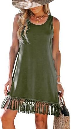 Cupshe Robe débardeur midi sans manches à pompons pour femme, mini longueur et encolure dégagée, robe dété décontractée, vert olive, Taille M