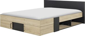 Calicosy Diagone Bett mit Ablagefl&auml;chen, 160 x 200 cm, Swivel - Spanplatten - Franz&ouml;sisches Produkt - Schwarz und helles Holz - Industrie - f&uuml;r Schlafzimmer - 