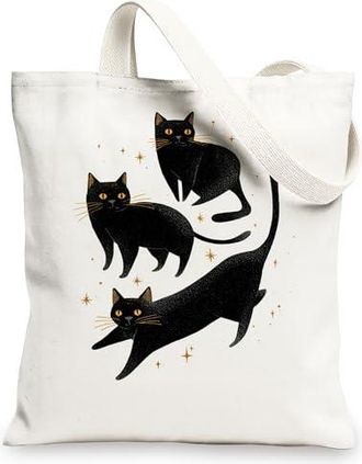 Generic Sac fourre-tout en toile motif chat mignon félin réutilisable sac de courses vintage chic léger lavable bandoulière sacs en toile, noir, 13x15 Inch