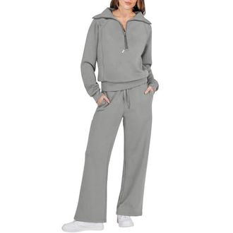 Generic Survêtement complet 2 pièces pour femme, tenue décontractée printemps et automne en polaire avec demi-fermeture éclair à manches longues et pantalon d