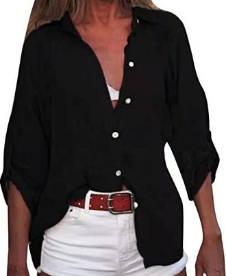 Generic IQYU Chemisier &agrave; manches longues pour femme - D&eacute;contract&eacute; - Pour leggings - Grandes tailles - Chemise en lin avec boutonni&egrave;re - Chemisiers pour femmes