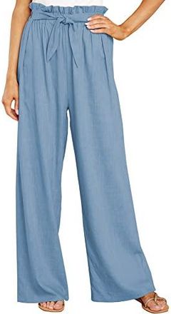 ORANDESIGNE Pantalon Lin Femme Été Pantalon Fluide Large Taille Elastique Casual Ample Solide Grande Taille D Bleu XS