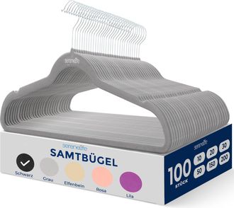 SereneLife Graue Kleiderbügel Samt 100 Stück, Kleiderhaken für Aufbewahrung & Organisation, Bügel rutschfest & Platzsparend, 360° drehbarer Haken, Einkerbungen i