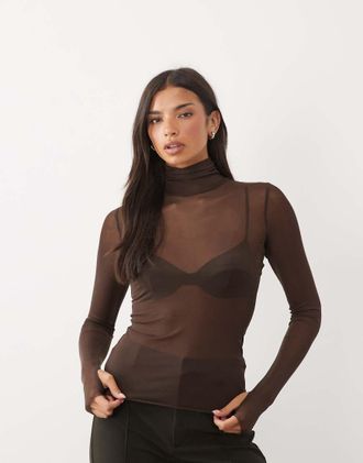 AFRM Zadie top en tulle &agrave; col montant et manches longues couleur chocolat-Marron