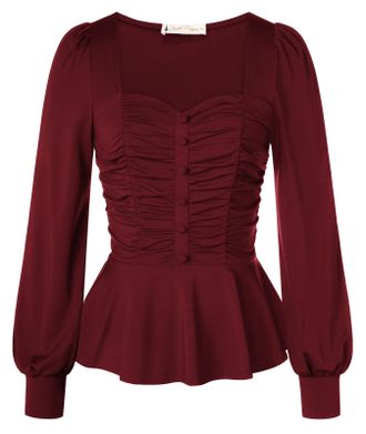 Belle Poque Peplum Tops f&uuml;r Damen Puff&auml;rmel Quadratischer Ausschnitt Ger&uuml;schte Vorderseite Blusen Oberteile