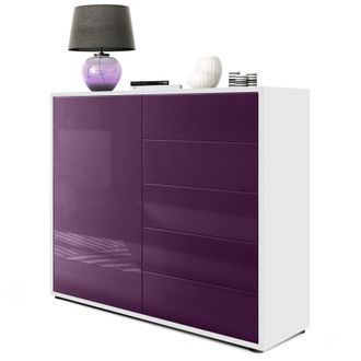 Vladon Sideboard Ben V2, Made in Germany, Kommode mit 1 T&uuml;r und 5 Schubladen, Wei&szlig; matt/Brombeer Hochglanz (79 x 74 x 36 cm)