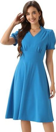 Allegra K Robe de Business Femme à Manches Courtes Robes de Bureau dÉté à Col en V Robe Mi-Longue Trapèze Lac Bleu XL