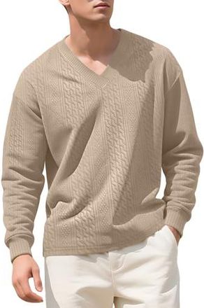 Generic Pull à col rond pour homme - Pull décontracté texturé à col en V - Pull à manches longues - Pull léger à manches longues - Sweat-shirt décontracté, ka