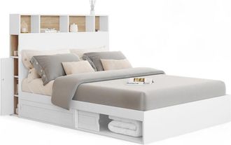 IDMarket Idmarket - Lit double clem avec t&ecirc;te de lit, rangements et sommier 140 x 190 cm blanc