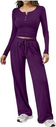 Generic Ensemble de d&eacute;tente 2 pi&egrave;ces pour femme - Haut &agrave; manches longues - Pantalon large - D&eacute;contract&eacute; - Ensemble deux pi&egrave;ces pour femme, violet, XXL