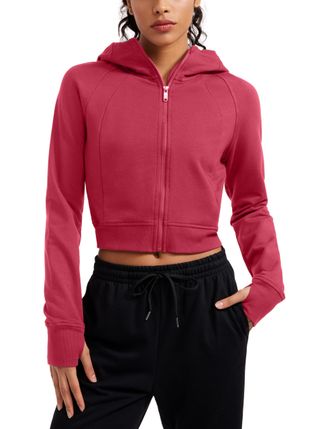 CRZ YOGA Damen Full Reißverschluss Fleece Hoodie Jacke Cropped Running Zip Up Laufjacke Workout Sport Sweatjacke mit Daumenloch Granatapfel 40