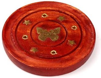 Puckator Räuchergefäß rund aus Mangoholz - Schmetterling für Räucherstäbchen