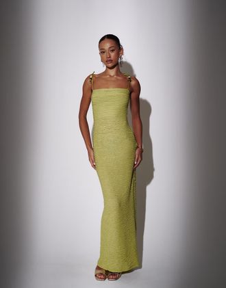 South Beach Figurbetontes Maxikleid in Gr&uuml;n mit perlenbesetzten Tr&auml;gern und R&uuml;schen