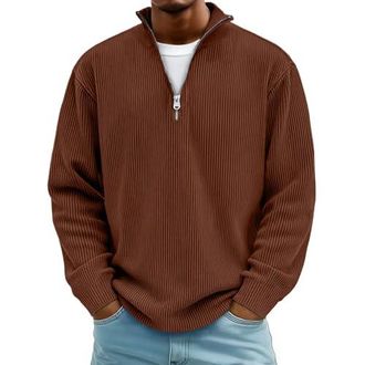 Generic Sweat-shirt &agrave; manches longues pour homme - Col zipp&eacute; - Fermeture &eacute;clair - Pull ample d&eacute;contract&eacute; c&ocirc;tel&eacute;, marron, XXL