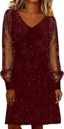 Generic Robe de plage &eacute;l&eacute;gante - Tenue du Nouvel An - Robe festive avec col en V et manches longues - Robe moulante &agrave; paillettes - Robe de soir&eacute;e &eacute;l&eacute;gante en 