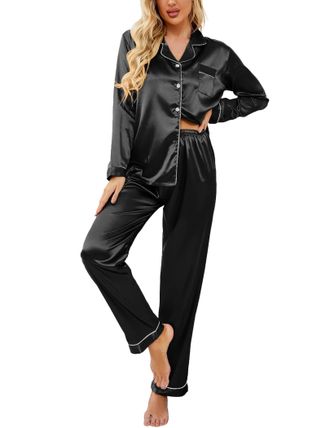 Ekouaer Schlafanzug Damen Seide Pyjama Set mit Knopf Frauen Seide Schlafanzug Damen Seide Lang Zweiteiliger Pjs Sets Hausanzug,Schwarz,XXL