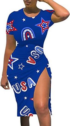 Generic Robes amincissantes 2026 pour femmes - Motif drapeau - D&eacute;contract&eacute; - Cordon de serrage - Fente - Robe ajust&eacute;e - Motif floral du 4 juillet, bleu, M
