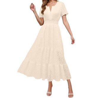 Generic Robe d&eacute;t&eacute; pour femme - Manches courtes - D&eacute;contract&eacute;e - Col en V - OEillets - Volants - Swing A - Robe longue, beige, XXL