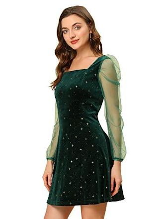 Allegra K Mini-Robe Courte en Velours à Manches Longues et à Encolure carrée en Maille Transparente pour Femmes Vert S