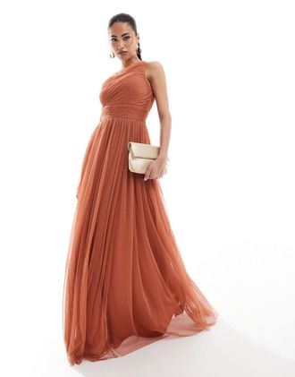 Lace & Beads Robe de demoiselle dhonneur longue et asym&eacute;trique en tulle - Rose terracotta