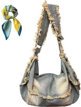 Generic Trendy Distressed Denim Crossbody Bag,Grunge Style Streetwear Jean Hobo Tote Bags,Retro Casual Shoulder Purse Satchel (Light blue)