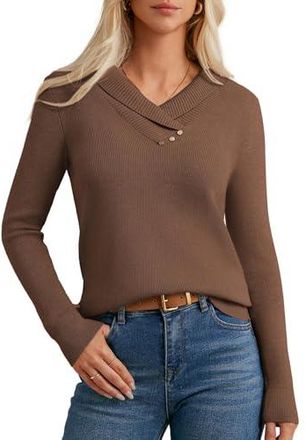 Grace Karin Pull Femme à Col Châle en Maille avec Manches Longues et Décolleté en V, Tricot Confortable et Extensible