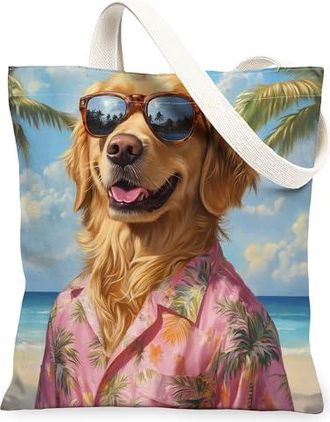 Generic Sac fourre-tout en toile motif chien Golden Retriever pour faire du shopping 33 x 38,1 cm, sac &agrave; bandouli&egrave;re r&eacute;utilisable pour femme, peinture danimau