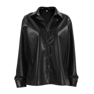 Generic Veste ample en cuir synth&eacute;tique pour femme &agrave; simple boutonnage noir &agrave; manches longues pour lautomne et lhiver, Noir, M