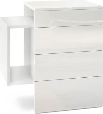 Vladon Nachttisch Queens, Made in Germany, Nachttischschrank mit 2 Schubladen und 1 seitlichem Fach zur Wandmontage, Weiß matt/Weiß Hochglanz (60 x 63 x 36 c