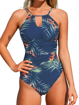 Cupshe Damen Badeanzug High Neck Cutout Bademode Bauchweg Tropischer Bl&auml;tterprint Einteilige Strandmode Swimsuit Blau/Bl&auml;tter XL