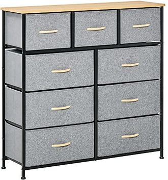 HOMCOM Commode 9 tiroirs Meuble de Rangement tiroir en Tissu Pliant - Structure Acier Noir - 100 x 30 x 100 cm, Chambre, entr&eacute;e, Salon, ch&ecirc;ne et Gris