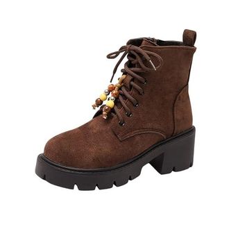 Generic Bottes &agrave; lacets pour femme - Style d&eacute;contract&eacute; et &eacute;l&eacute;gant - Bout rond - Talon &eacute;pais - Antid&eacute;rapant - Fermeture &eacute;clair lat&eacute;rale - Confortables - Noir e