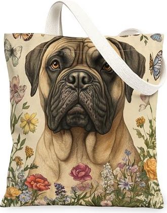 Generic Spring Bullmastiffs Sac fourre-tout en toile pour le shopping 33 x 38 cm, sac d&eacute;picerie r&eacute;utilisable vintage pour femme, motif animal de compagnie, d&eacute;
